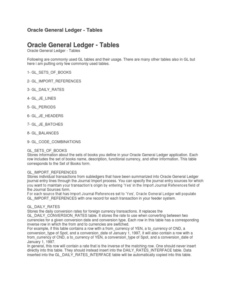 Oracle GL Key Tables Overview | PDF | Debits And Credits | Information ...