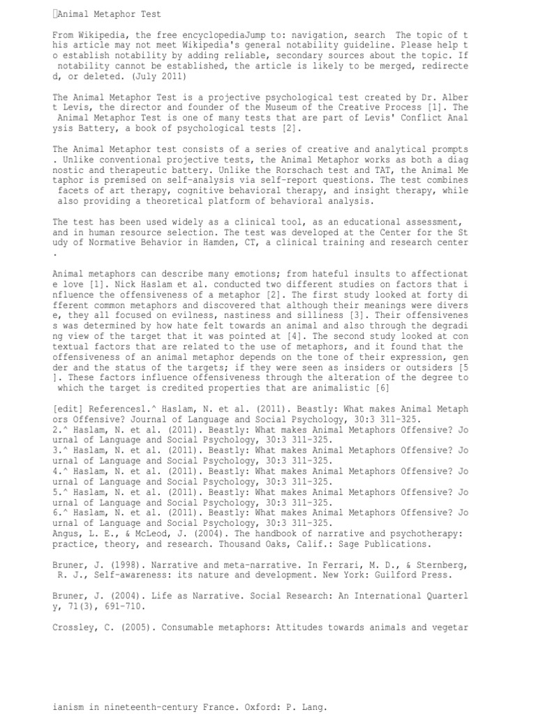 Animal Metaphor Test | PDF | Psychological Concepts | Behavioural Sciences