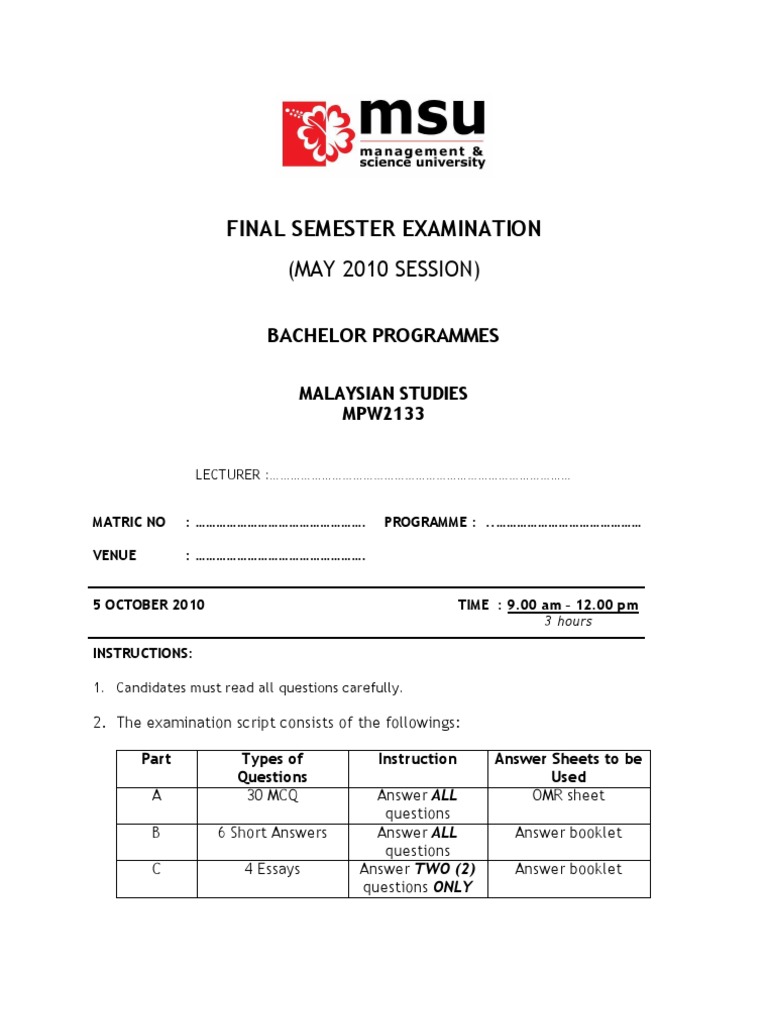 Past Year Question MSU | PDF