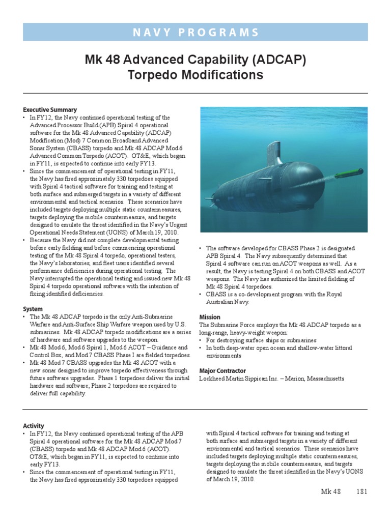 MK 48 Advanced Capability (ADCAP) Torpedo Modifications | PDF | Torpedo | Submarines