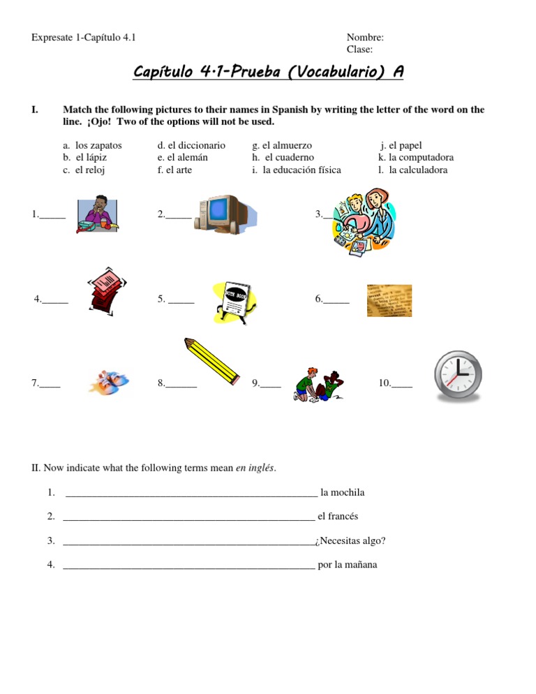 Vocabulario en Español: Ejercicio 4.1 | PDF