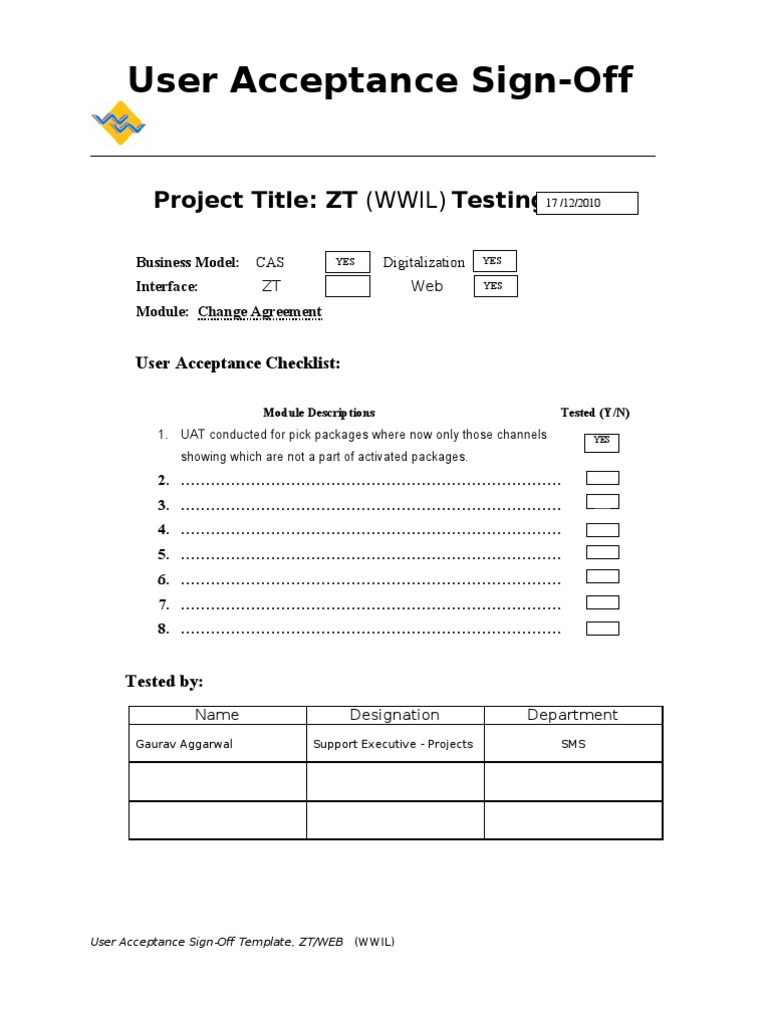 User Acceptance Sign-Off: Project Title: ZT (WWIL) Testing On | PDF