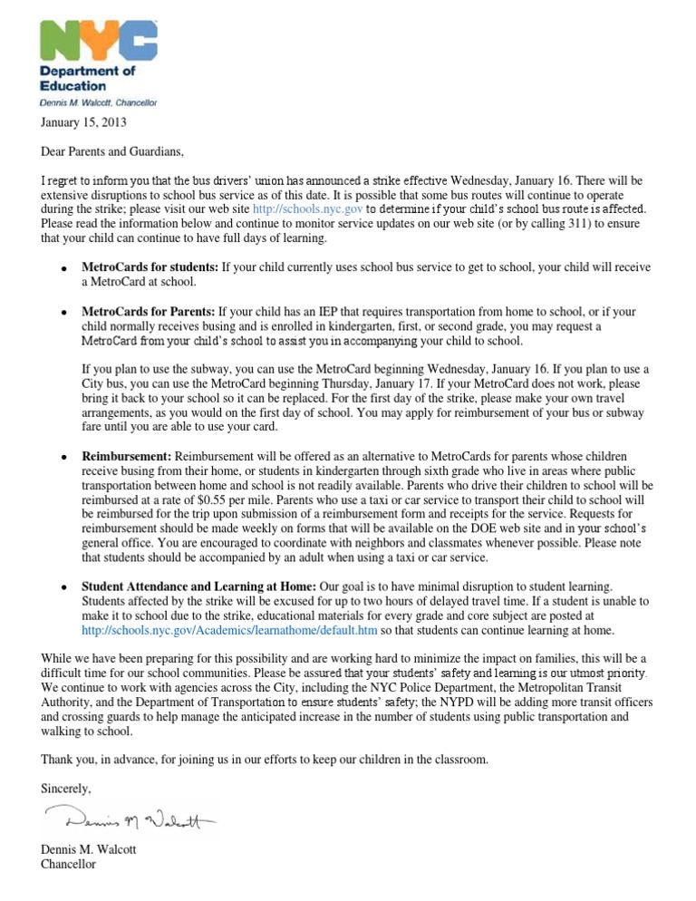 DOE Letter To Parents About School Bus Strike | PDF | School Bus | Bus