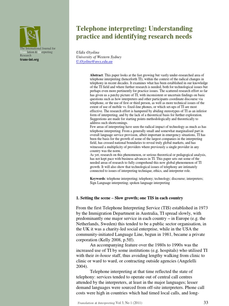 Telephone Interpreting - Understanding Practice and Identifying ...