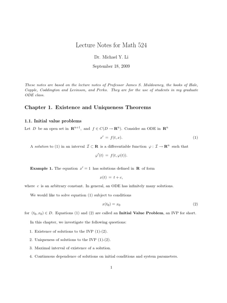 Lecture Notes For Math 524: Chapter 1. Existence and Uniqueness ...