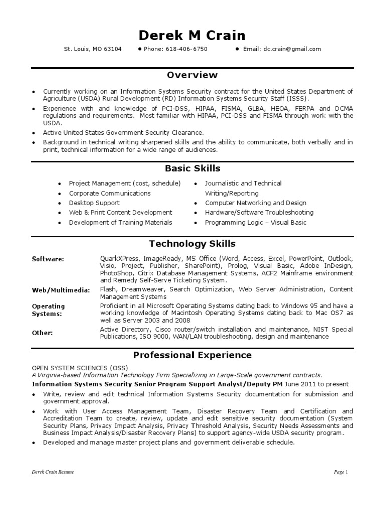Information Systems Security Analyst in ST Louis MO Resume Derek Crain ...