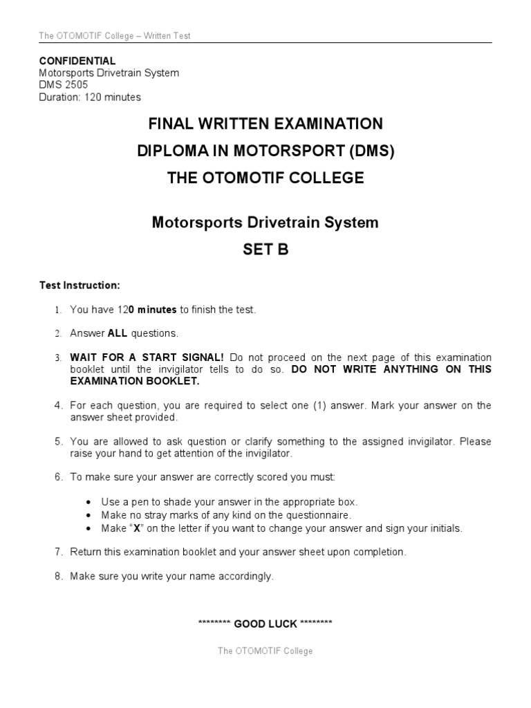 Final Written Examination Diploma in Motorsport (DMS) The Otomotif ...