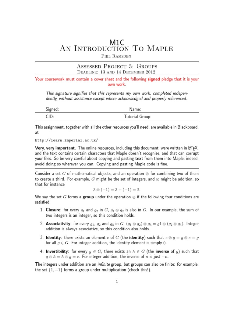 M1C An Introduction To Maple: Assessed Project 3: Groups | PDF | Group ...
