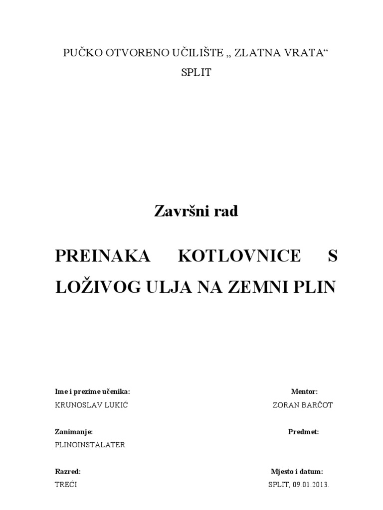 Preinaka Kotlovnice Sa Lož Ulja Na Zemni Plin | PDF