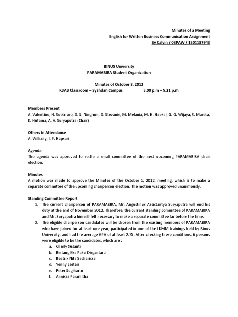 Minutes of Choir Meeting | Chairman | Committee