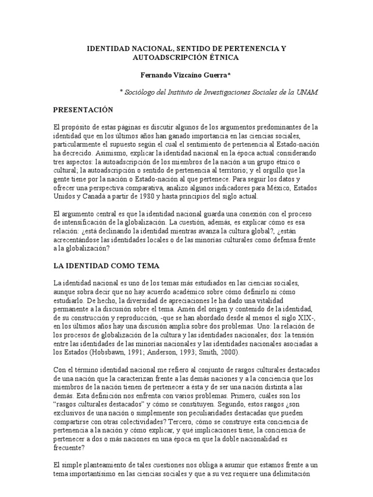 Identidad Nacional, Sentido de Pertenencia y Autoadscripción Étnica ...