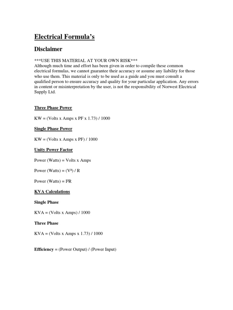 Electrical Calculation Formulas | PDF