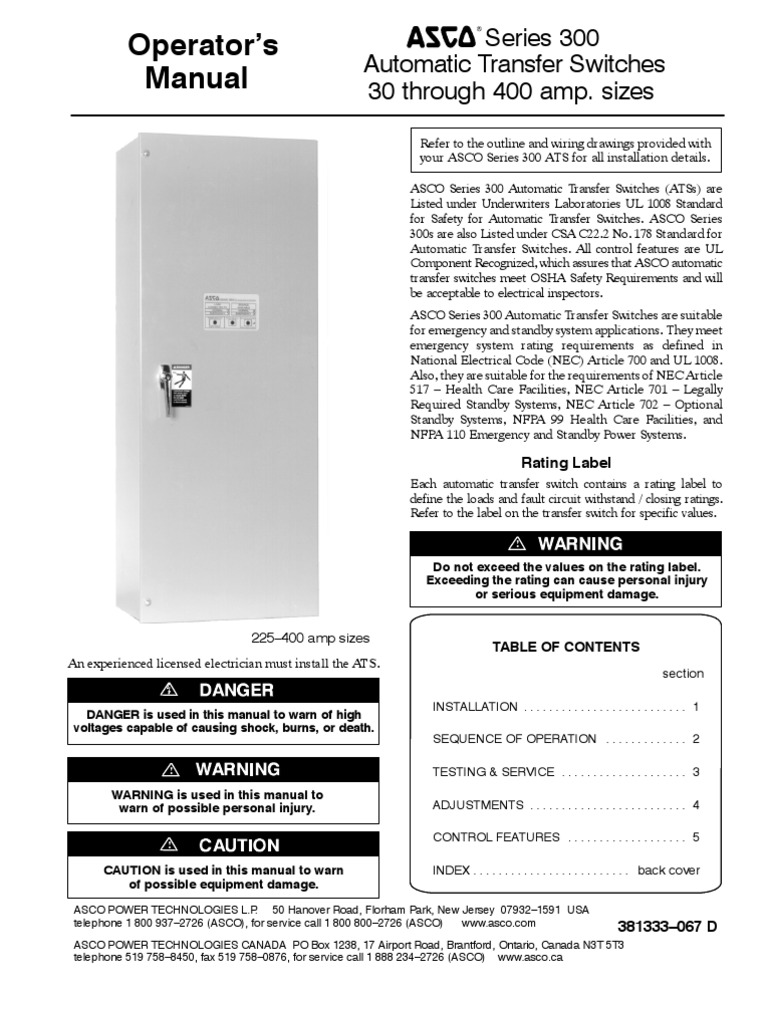 ASCO Series 300 Automatic Transfer Switch Operator's Manual | PDF ...