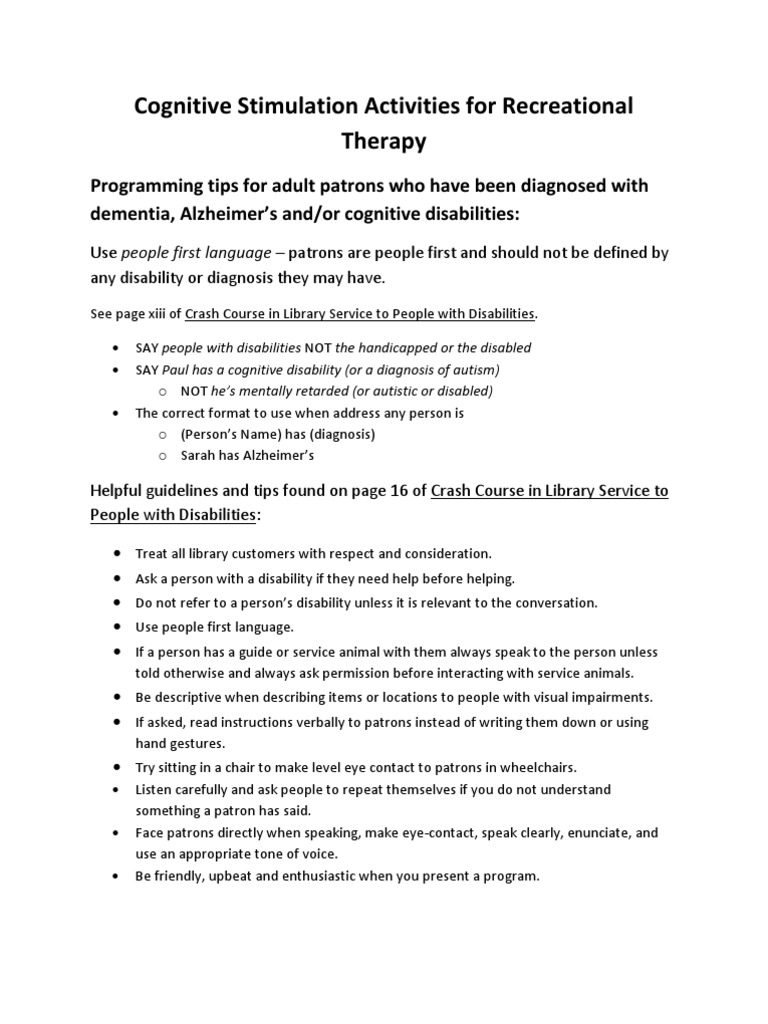 Cognitive Stimulation Activities For Therapeutic Recreation | PDF ...