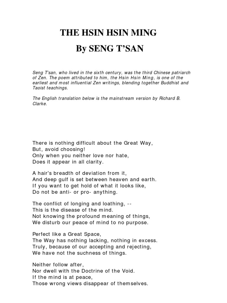 Hsin Hsin Ming by Seng T'san translated by Richard B Clarke | Zen | Mind