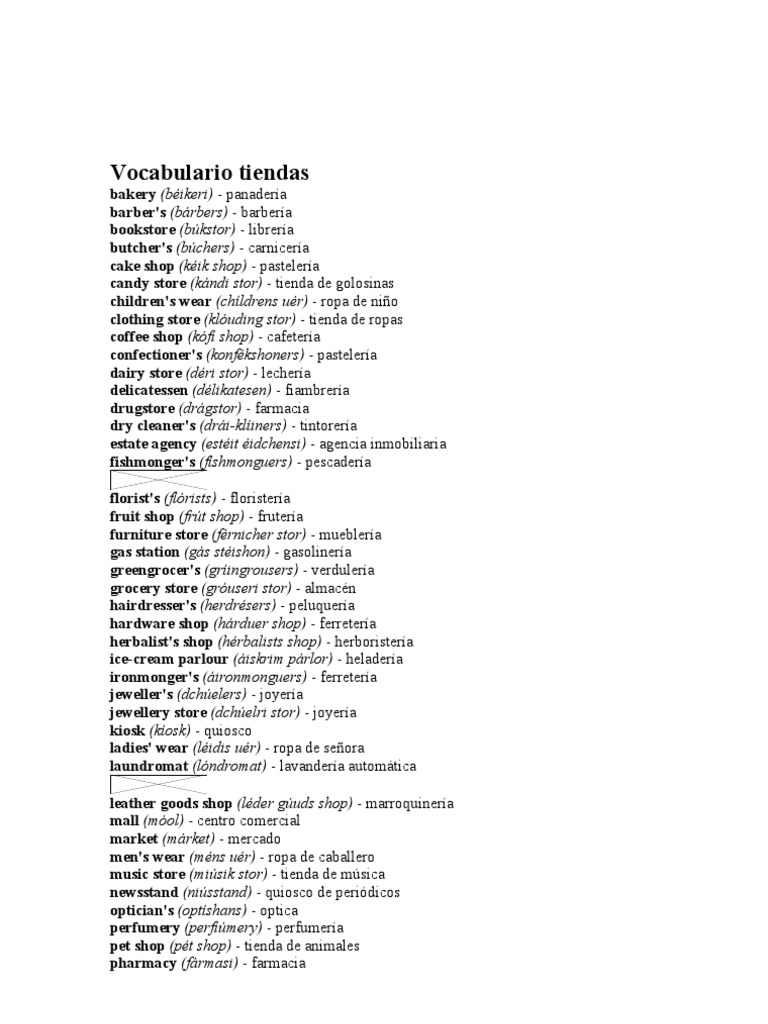 Vocabulario Tiendas | PDF