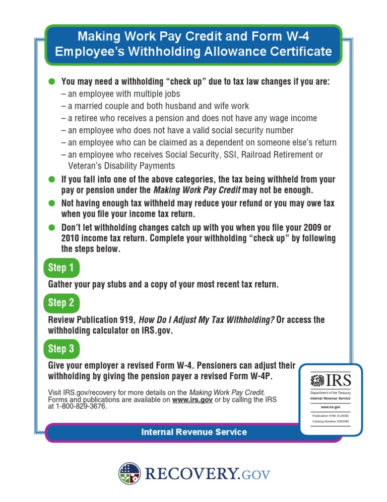 Making Work Pay Credit and Form W-4 Employee's Withholding Allowance ...