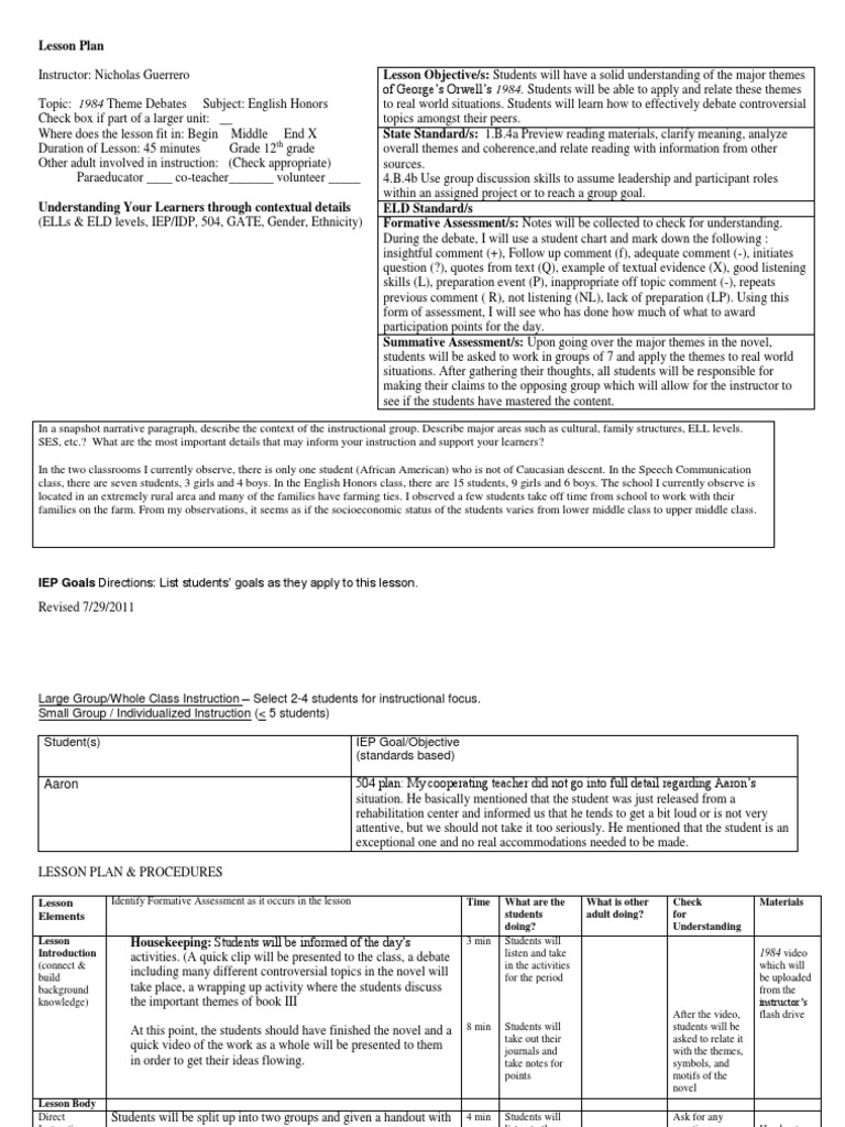 1984 Lesson Plan | Download Free PDF | Lesson Plan | Educational Assessment