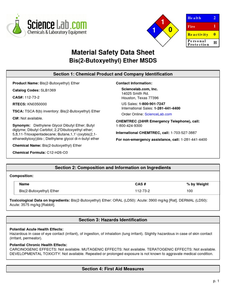 Bis (2-Butoxyethyl) Ether MSDS: Section 1: Chemical Product and Company ...