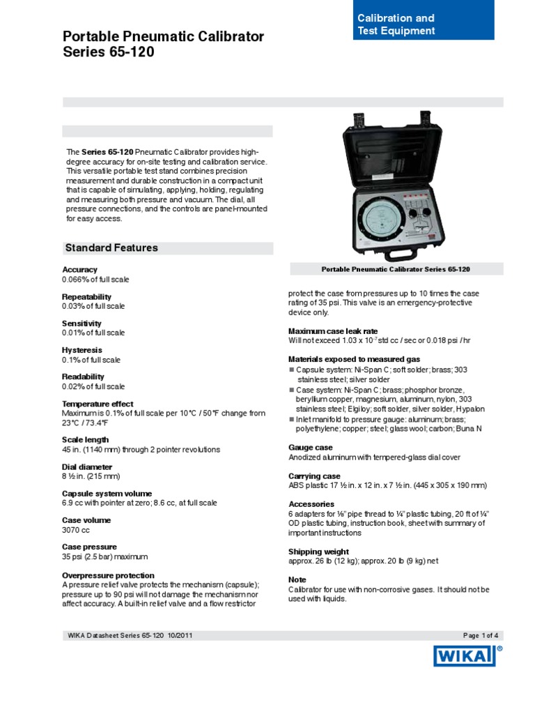 Portable Pneumatic Calibrator Series 65-120: Special Features | PDF ...