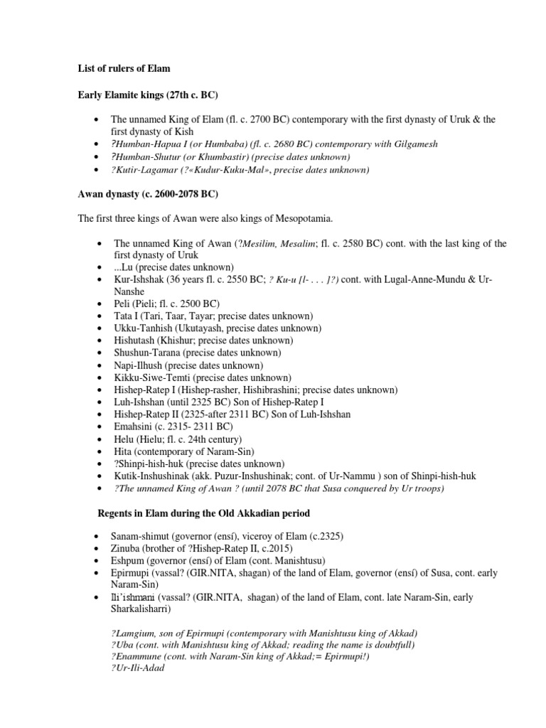 Elamite Rulers and Dynasties List | PDF | Ancient Peoples Of The Near ...