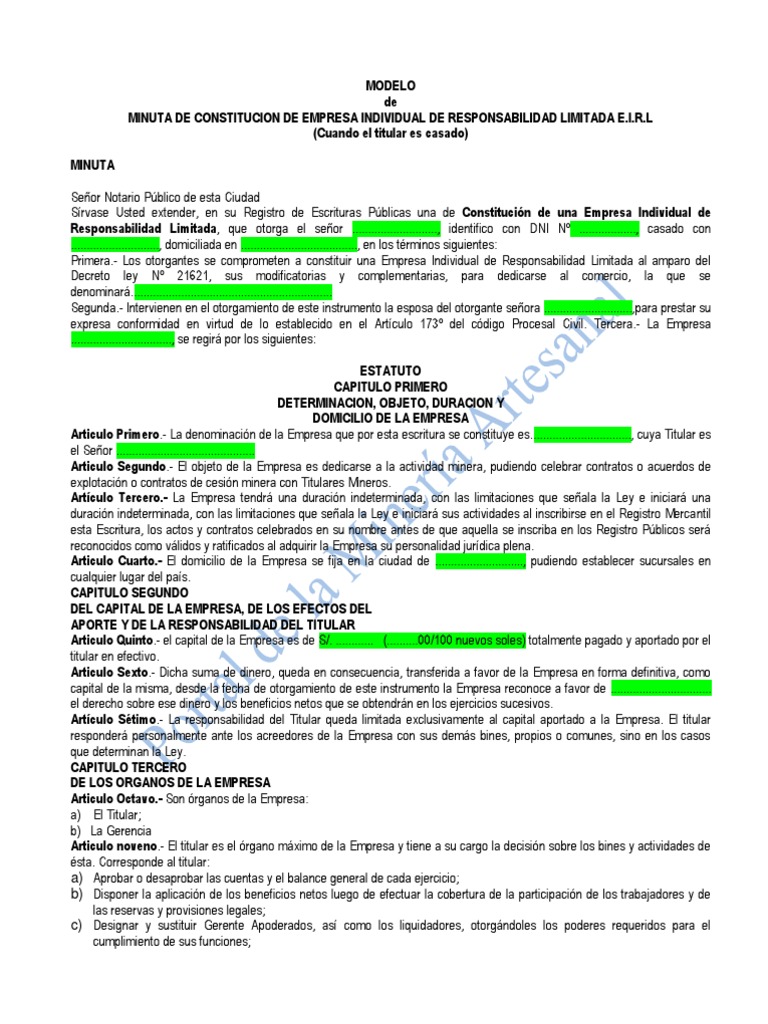 MODELO DE MINUTA DE CONSTITUCION EIRL | Sociedad de responsabilidad limitada | Derecho privado