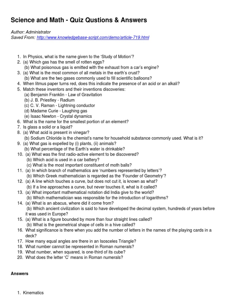 Science and Math - Quiz Qustions & Answers: Author: Administrator Saved ...