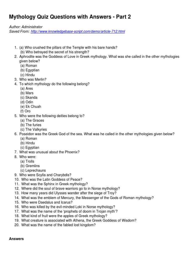 Mythology Quiz Questions With Answers - Part 2: Author: Administrator ...