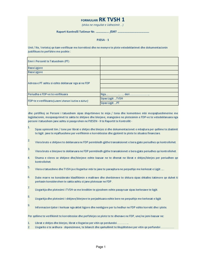 Modeli I Raport Kontrollit Per TVSH | PDF