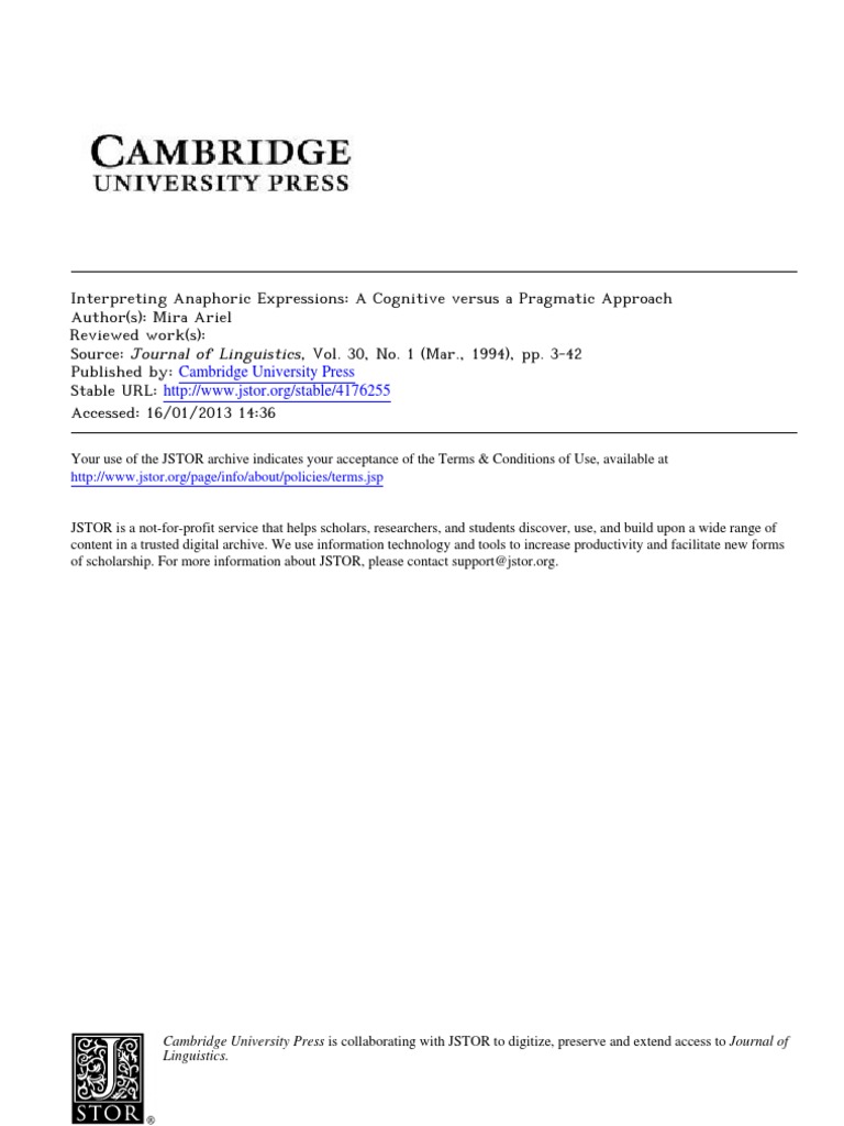 Interpreting Anaphoric Expressions A Cognitive Versus A Pragmatic Approach | PDF | Pronoun | Syntax