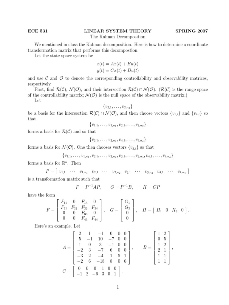 The Kalman Decomposition: A Mathematical Description of Transforming a ...