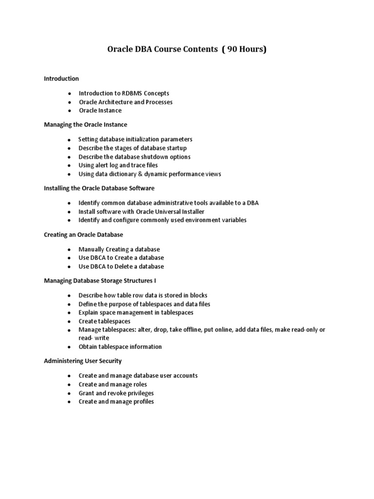 Oracle DBA Course Contents (90 Hours) | PDF