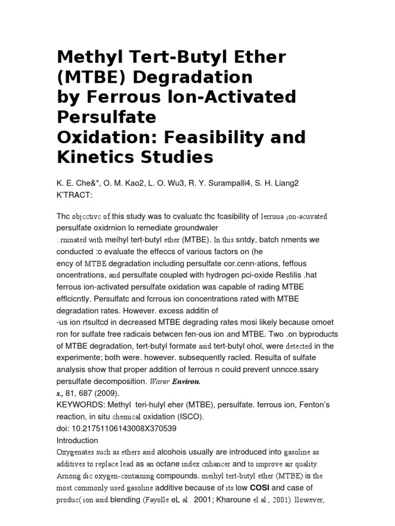 Methyl Tert-Butyl Ether (MTBE) Degradation by Ferrous Lon-Activated ...