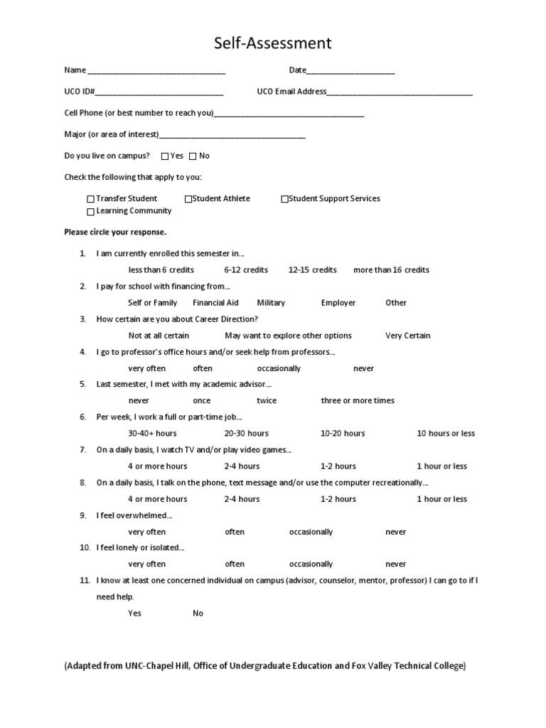 Self-Assessment: Please Circle Your Response | PDF | Students | School ...