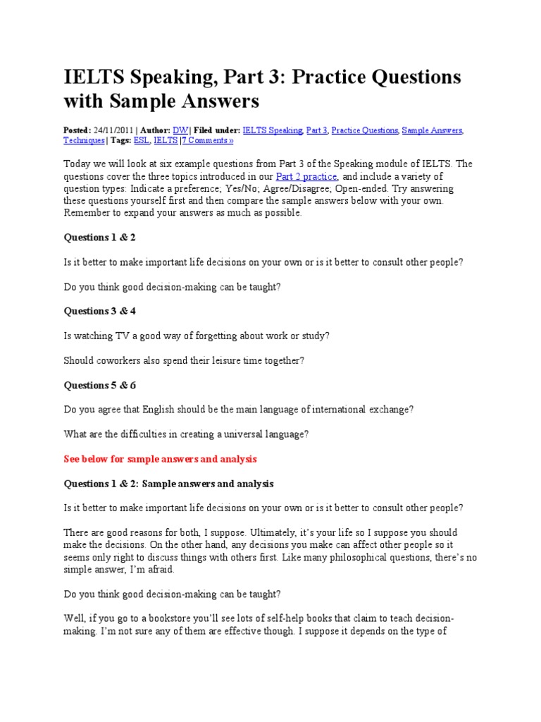 IELTS Speaking Part 3: Questions & Answers | PDF | Question | Decision ...