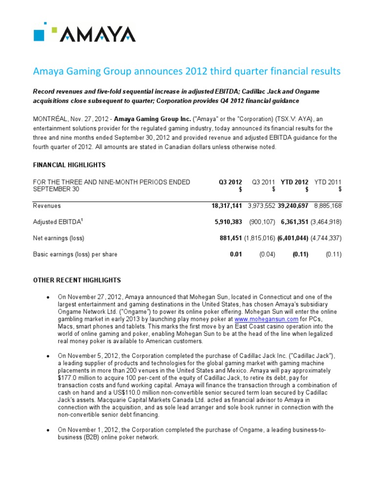 Amaya Gaming Group Announces 2012 Third Quarter Financial Results | PDF ...