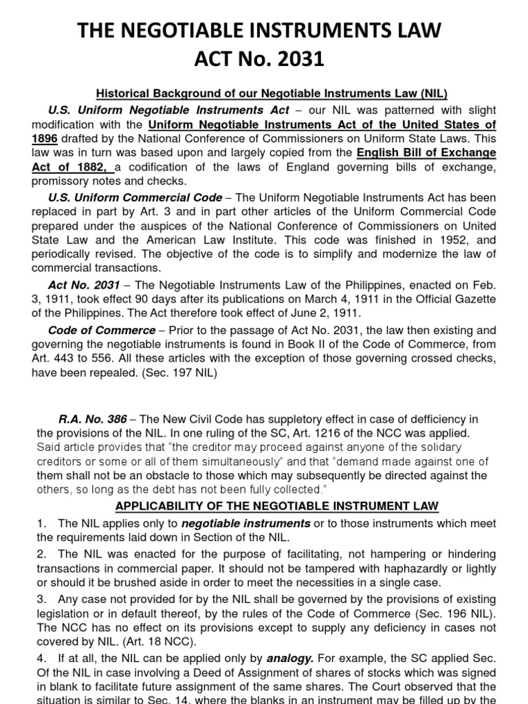 Overview of the Negotiable Instruments Law | PDF | Negotiable ...