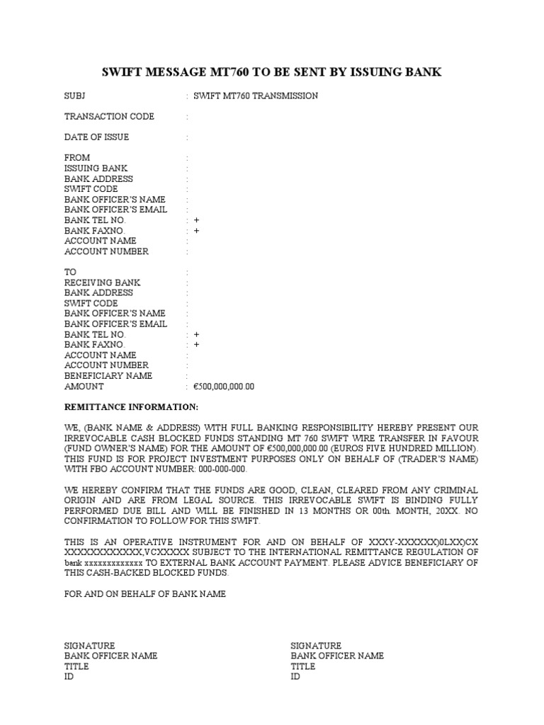 Swift Message Mt760 To Be Sent by Issuing Bank: Remittance Information ...