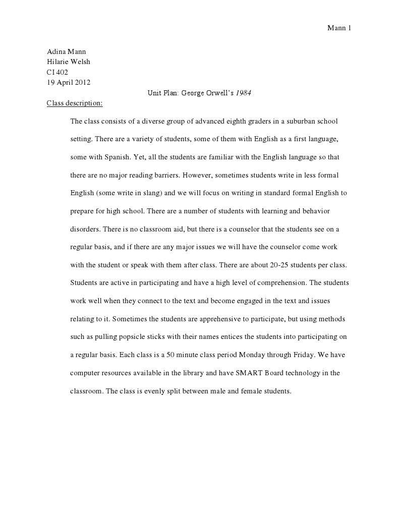 1984 Unit Plan | PDF | Essays | Lesson Plan