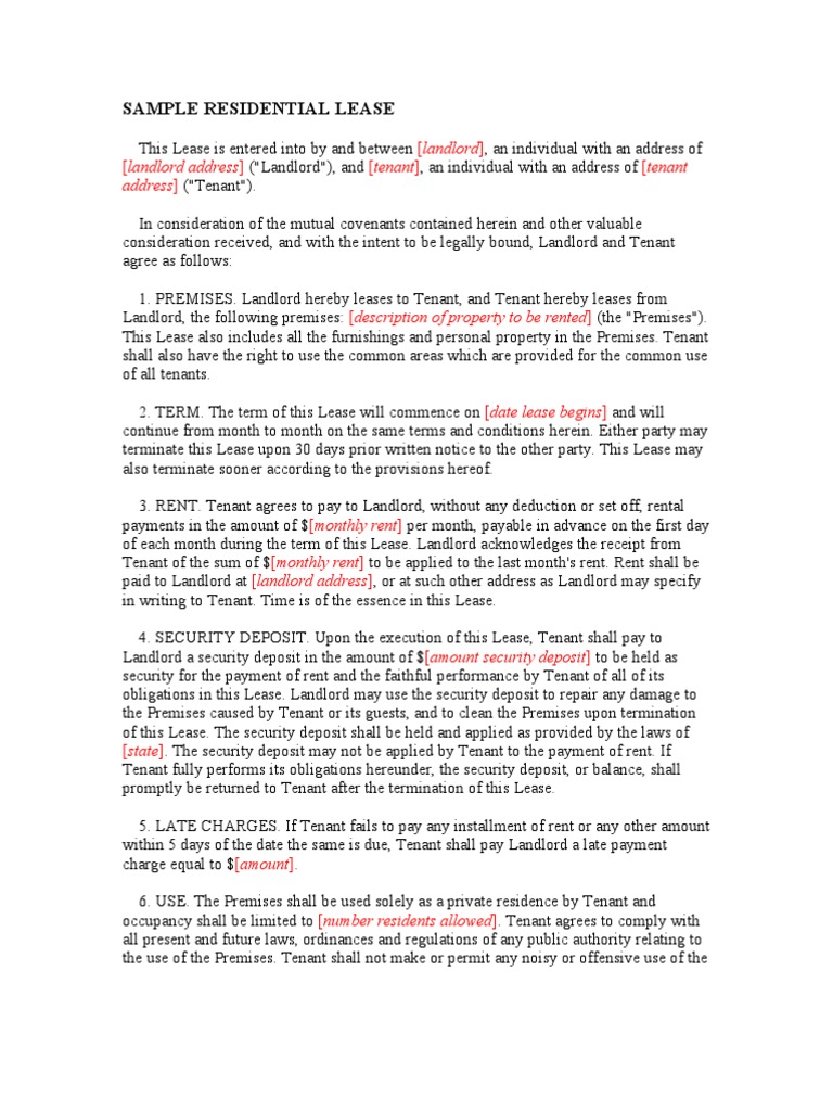 Sample Residential Lease: (Landlord) (Landlord Address) (Tenant ...