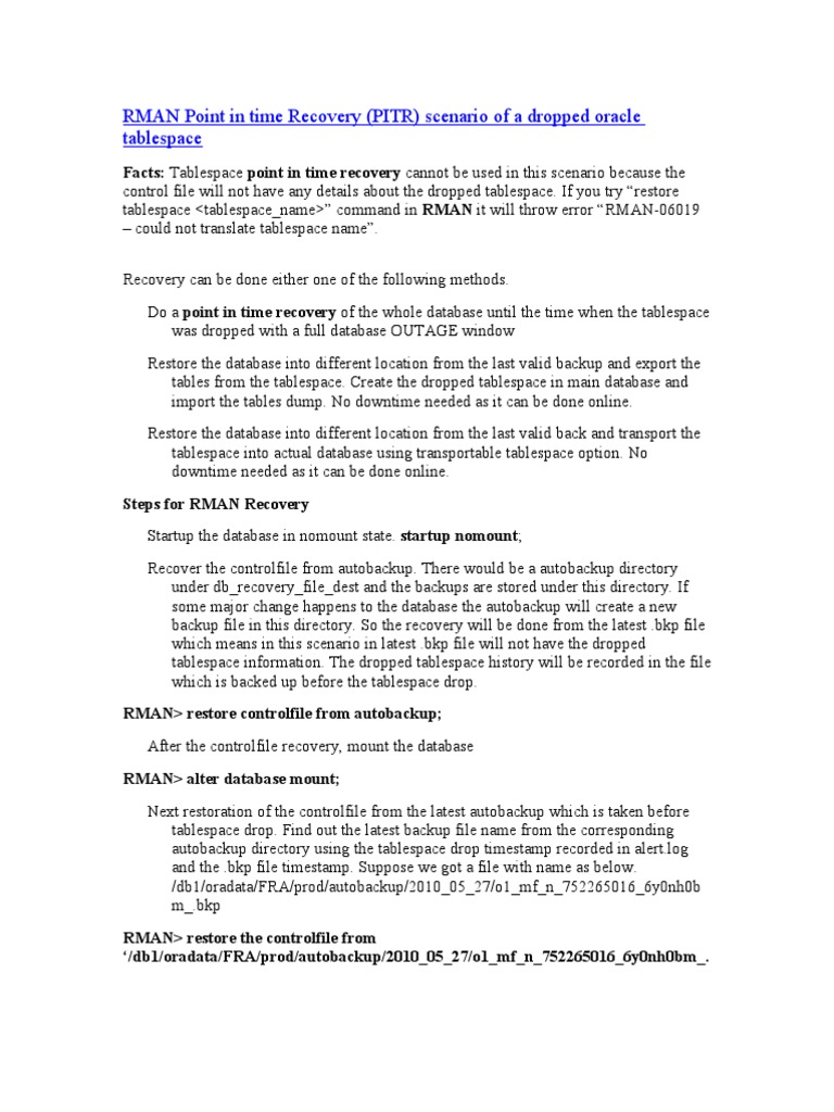 RMAN Point in Time Recovery (PITR) Scenario of A Dropped Oracle Tablespace | PDF | Databases ...