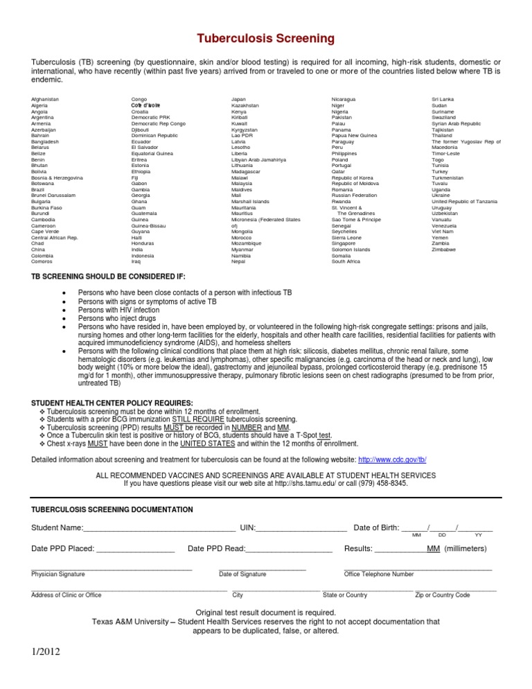 TB Screening Form For TAMU | PDF | Tuberculosis | Immunology