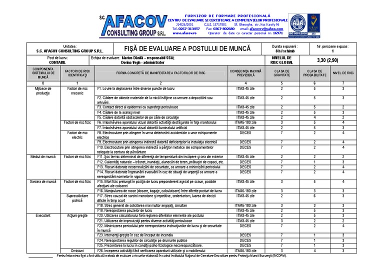 Fisa evaluare riscuri - Contabil
