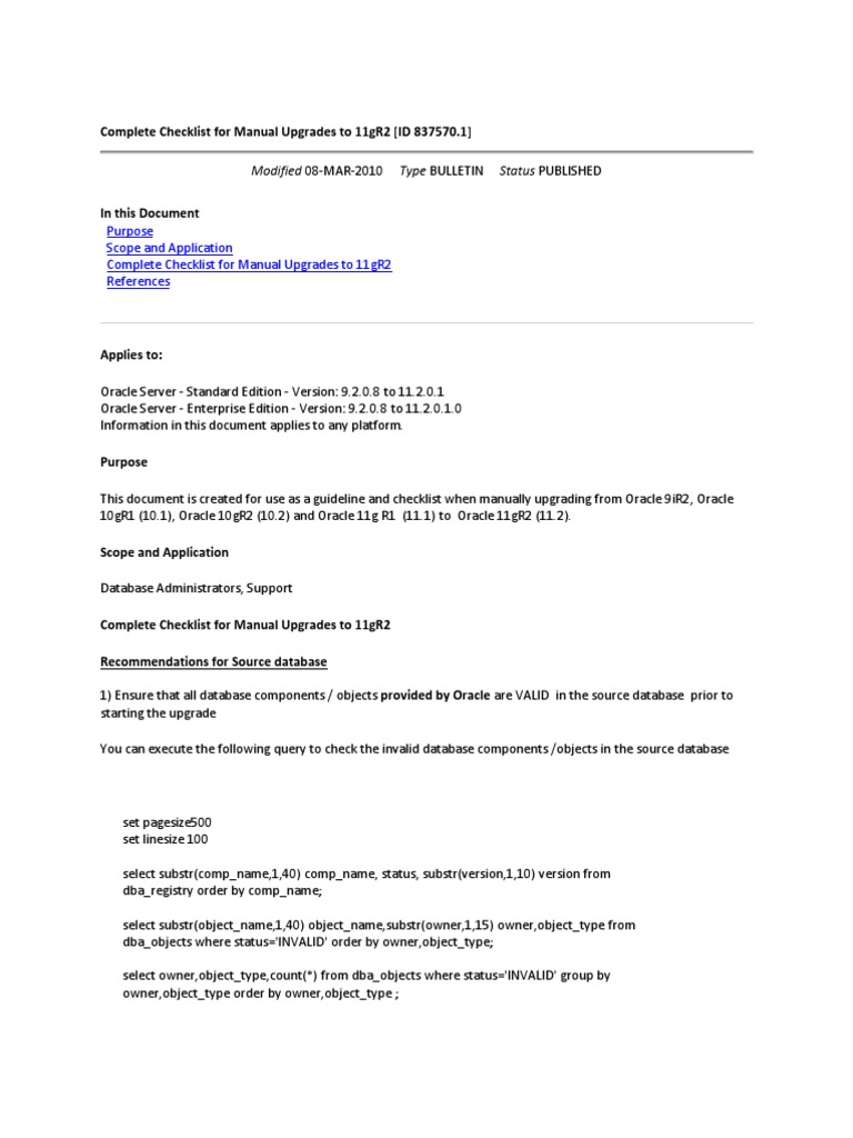Complete Checklist For Manual Upgrades To 11gR2 | PDF | Oracle Database ...