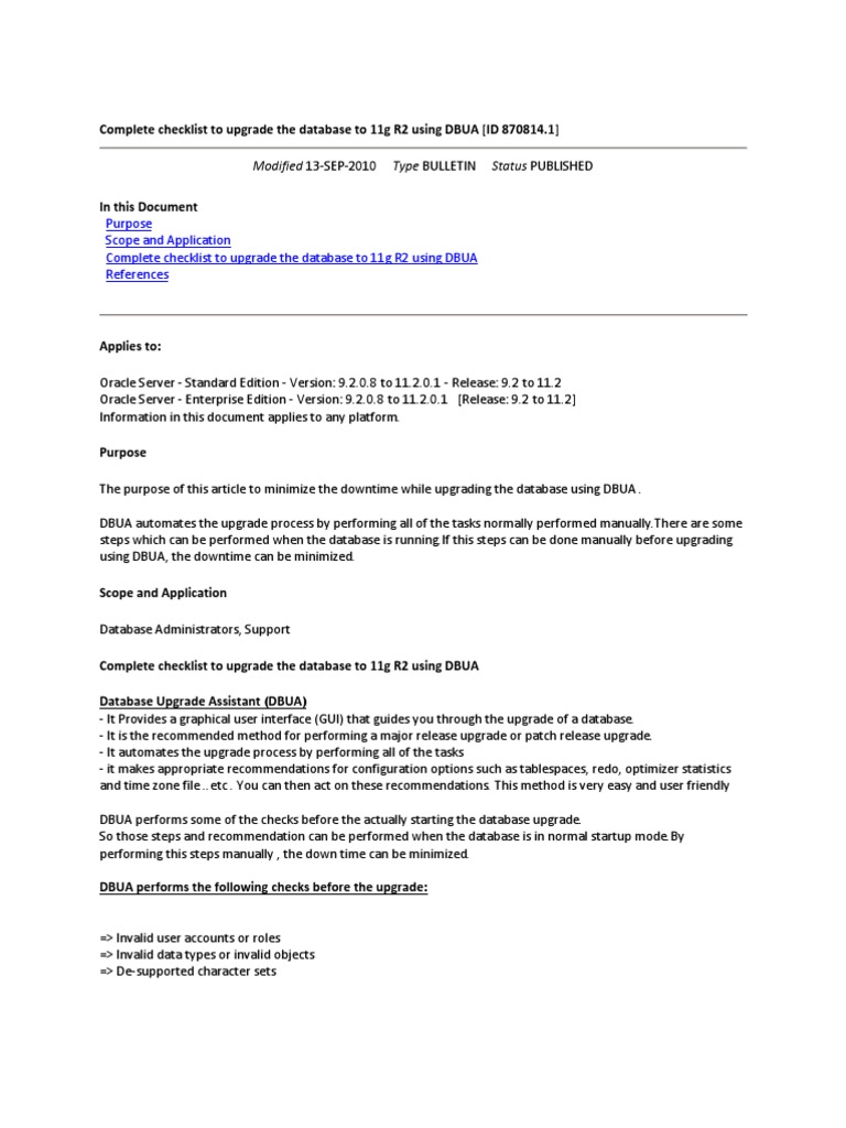 Complete Checklist To Upgrade The Database To 11g R2 Using DBUA | PDF | Oracle Database | Databases