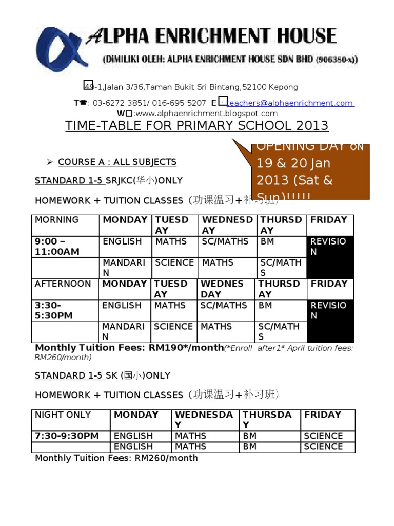 Timetable Primary School | PDF