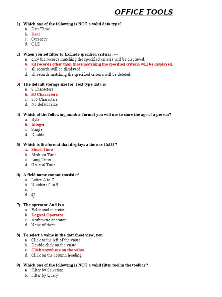 Office Tool MCQs | Download Free PDF | Data Type | Database Index