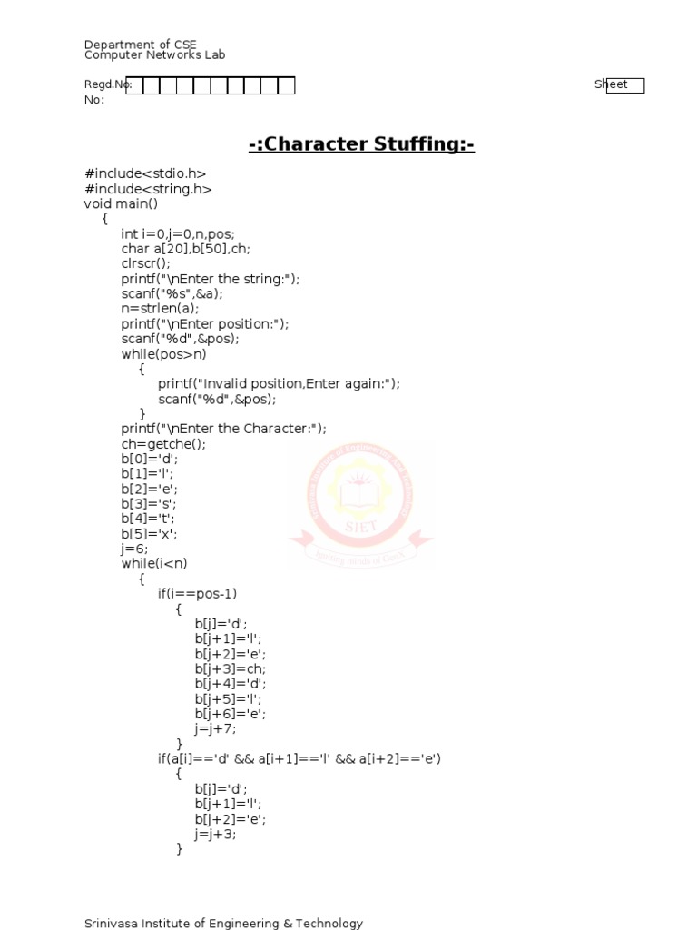 character Stuffing:-: Department of CSE Computer Networks Lab Sheet No ...