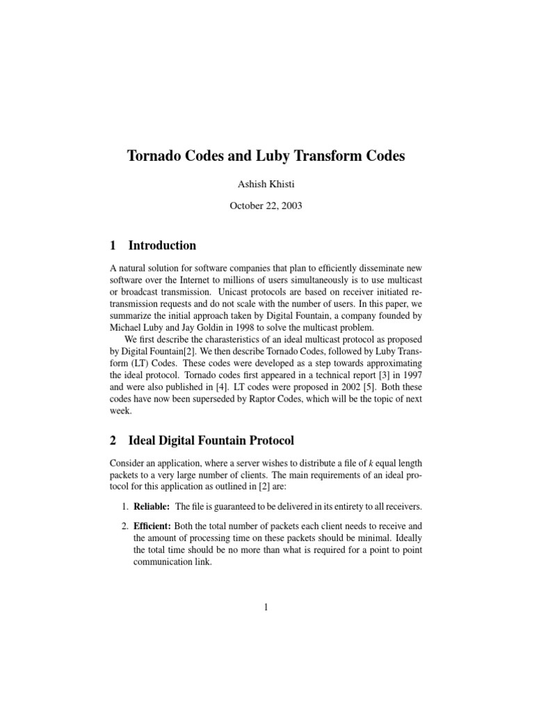 Tornado Codes and Luby Transform Codes PDF | PDF | Algorithms | Areas Of Computer Science