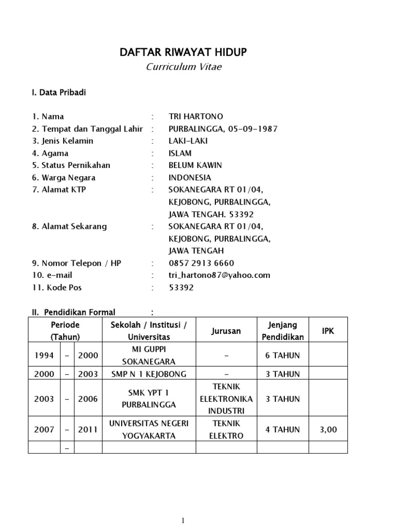 CV Tri Hartono: Data Pribadi dan Pendidikan | PDF